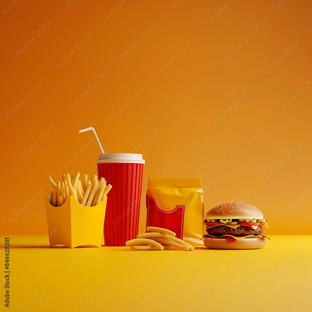3d rendered photos of flat lay of fast food, empty space for text on ...