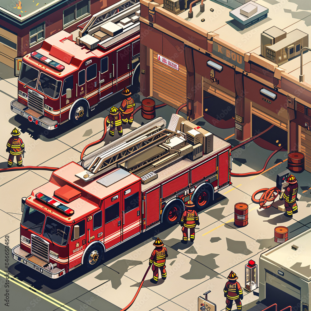 A bustling fire station captured in a dynamic isometric view. A diverse ...