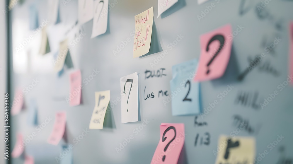 Sticky notes with question marks and numbers on whiteboard for ...