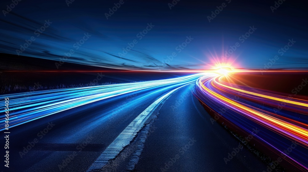 Lightspeed. Curve streak trail line. Fast light speed line. Long blue ...