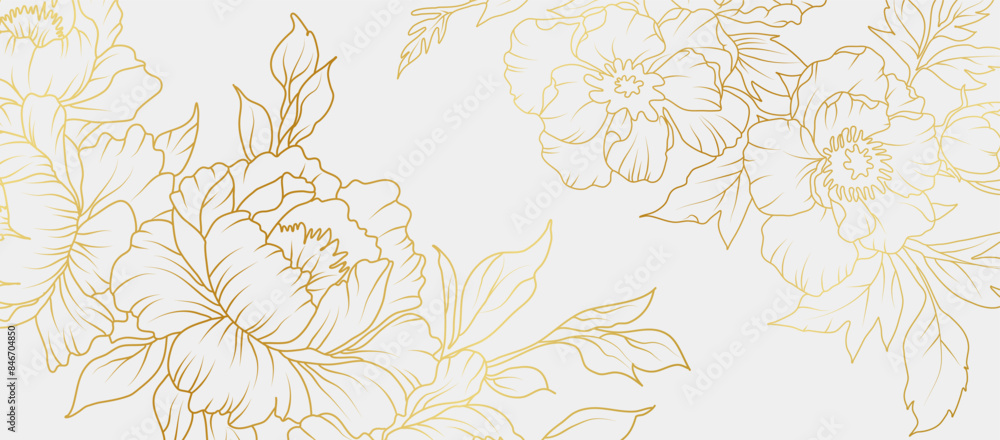 Luxury gold peony flowers background. Floral pattern tropical in line ...