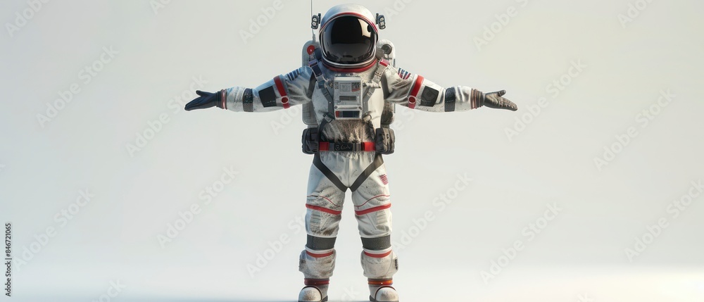 future astronaut, donning an impressive space suit, stands with arms ...