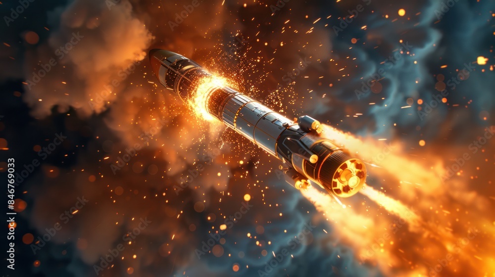 Rocket launch for space exploration. An exploded rocket engine is shown ...