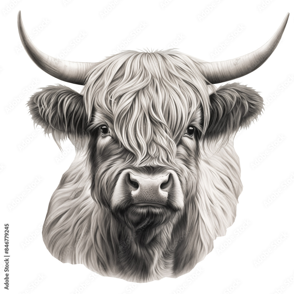 portrait of a highland cow isolated on a transparent background, pencil ...