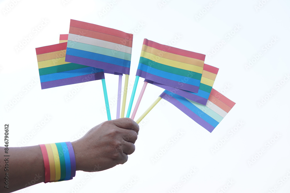 Close up hand holds rainbow colors flags. Concept, Lgbtq+ celebration ...