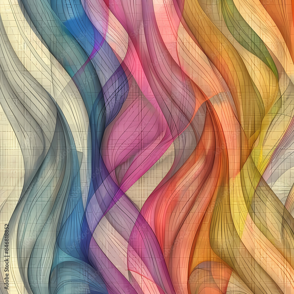 Abstract geometric patterns with colorful curved lines and grids on a ...