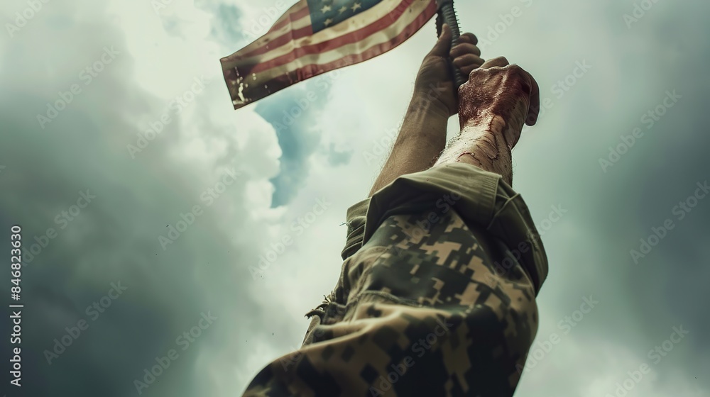 American soldiers blood stained hands, holding a worn American flag ...