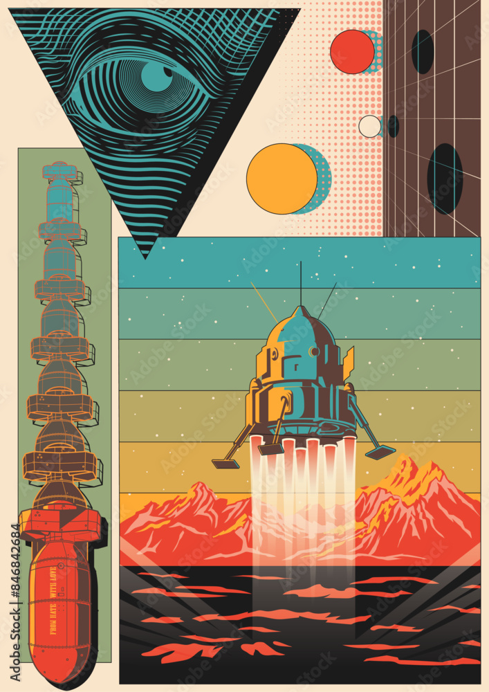 Abstract Space Poster, Landing Module, Planetary Landscape, Bombs, Eye ...