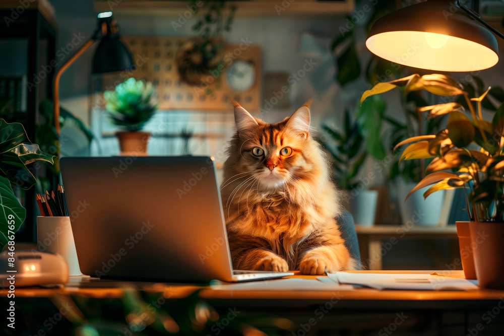Beautiful fluffy serious cat sits at a desk in front of a monitor and ...