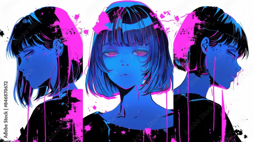 Cool grunge neon blue and pink y2k anime girl manga with a negative ...