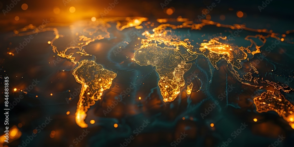 World map with glowing lights showcasing population density and human ...
