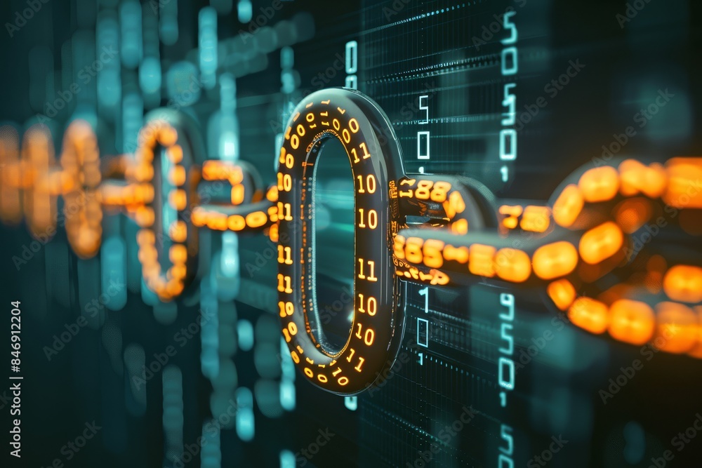 A 3D illustration of a blockchain network, depicted as a chain of interconnected links. The ...