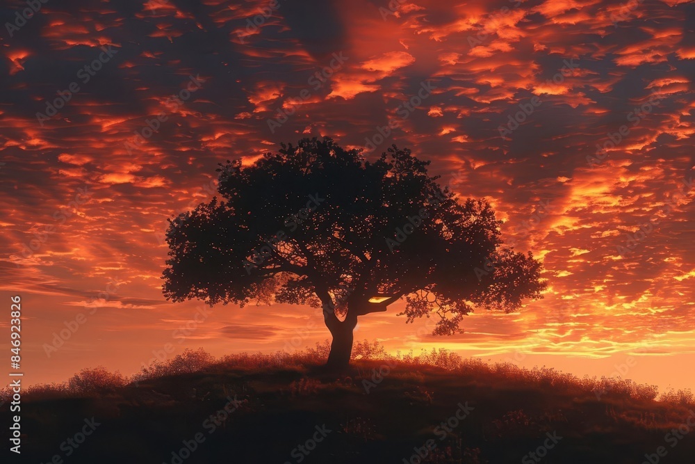 lone tree silhouetted against a fiery sunset sky aigenerated landscape ...