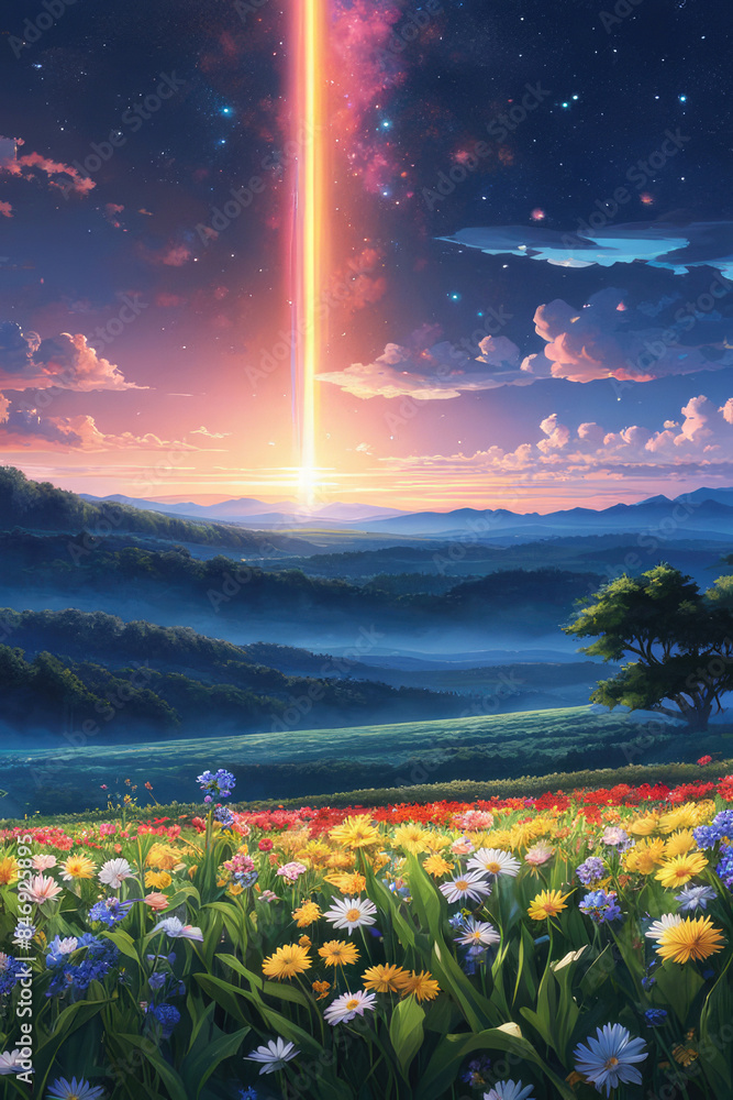 Generative AI Beautiful Niji Anime scenery of a beauty flower fields ...