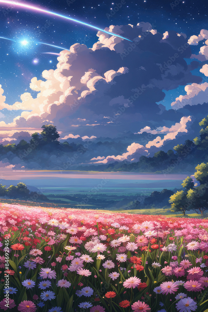 Generative AI Beautiful Niji Anime scenery of a beauty flower fields ...