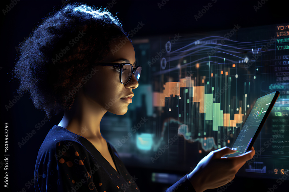 Software, coding hologram and woman on tablet thinking of data analytics, digital technology and ...