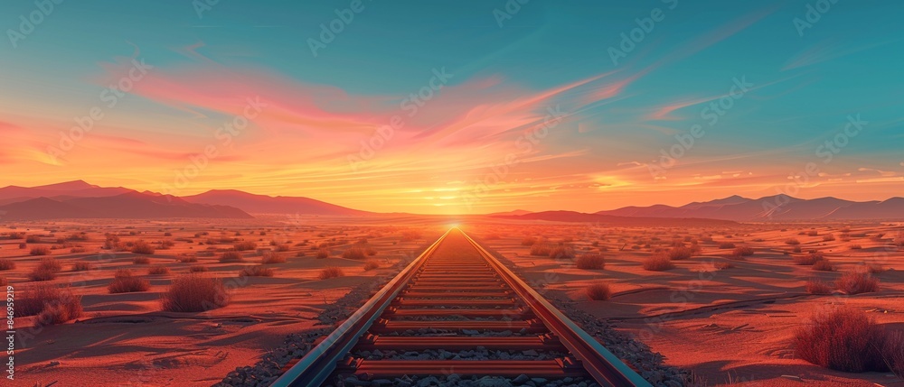 Train on tracks in a desert landscape, minimalist, warm colors, flat ...