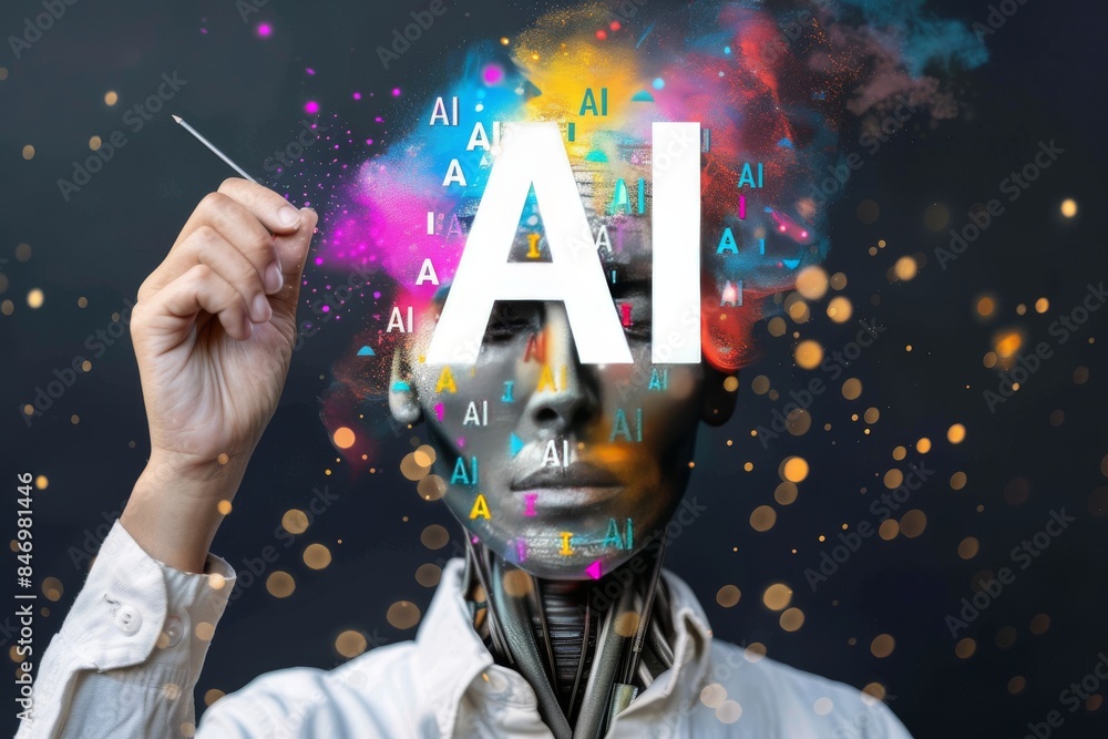 AI artist with colorful paint splash, digital art, technology ...