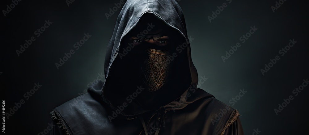 Hooded figure in black hoodie wearing a creepy executioner's mask with ...