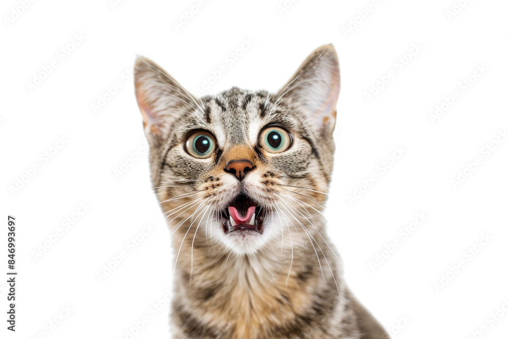 Close-up of a surprised tabby cat with wide eyes and open mouth on a ...
