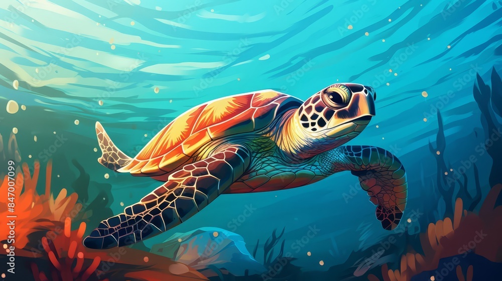 Sea turtle gliding through the water, flat design, front view, wildlife ...