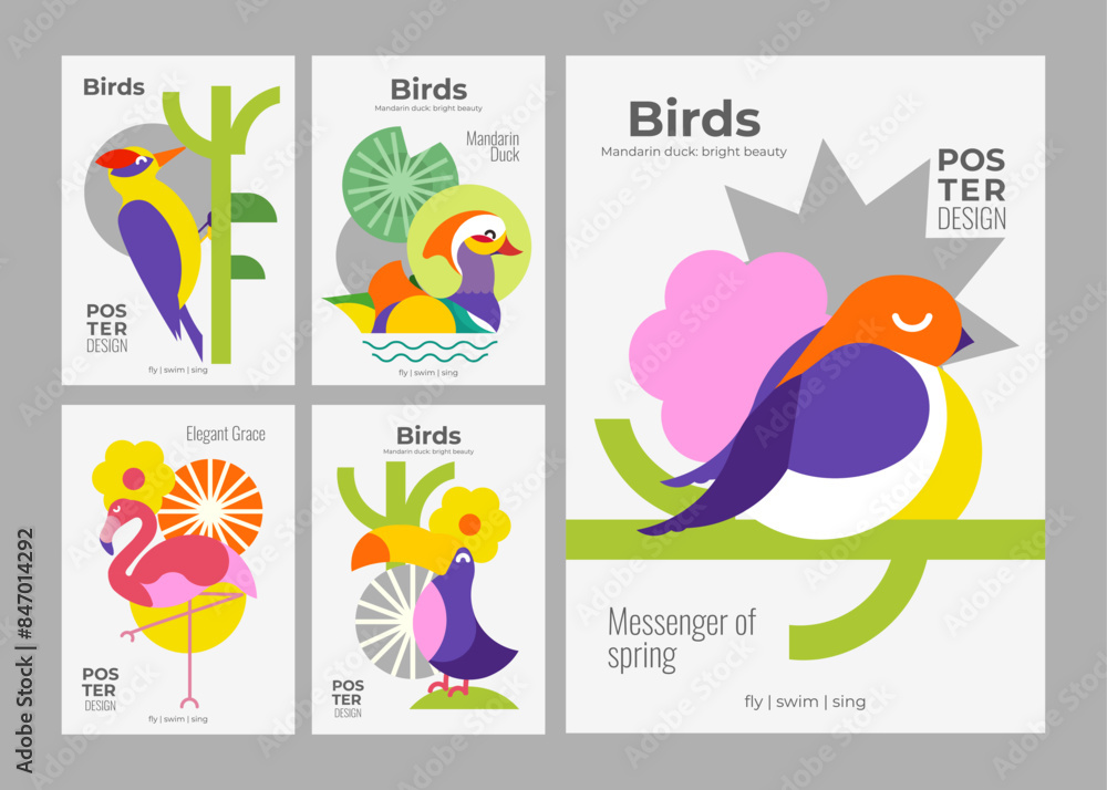 Birds Set of vector posters with birds. Simple, minimalist design with ...