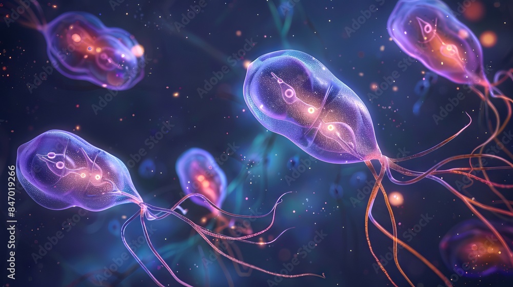 Cluster of Giardia lamblia under a microscope. Protozoan parasites with ...