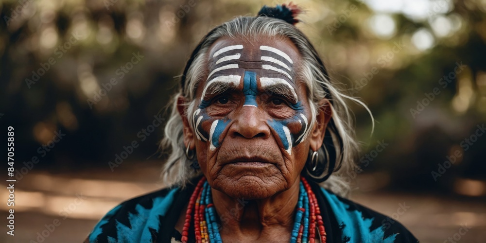Senior indigenous man with traditional face paint and ceremonial attire ...