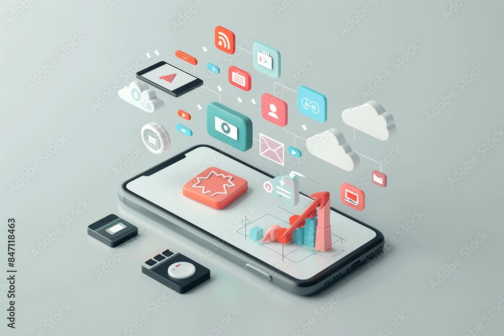 Mobile Phone with Floating Icons of Artificial Intelligence, Video, and ...
