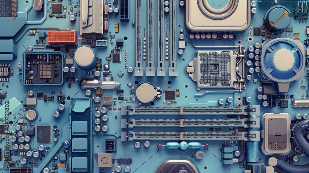 Diagrammatic drawing of a computer motherboard, detailing different ...