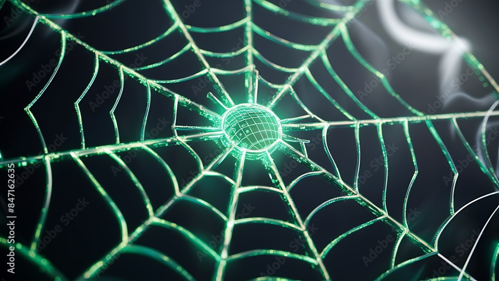 holographic spider web symbol representing cyber threat glowing green ...