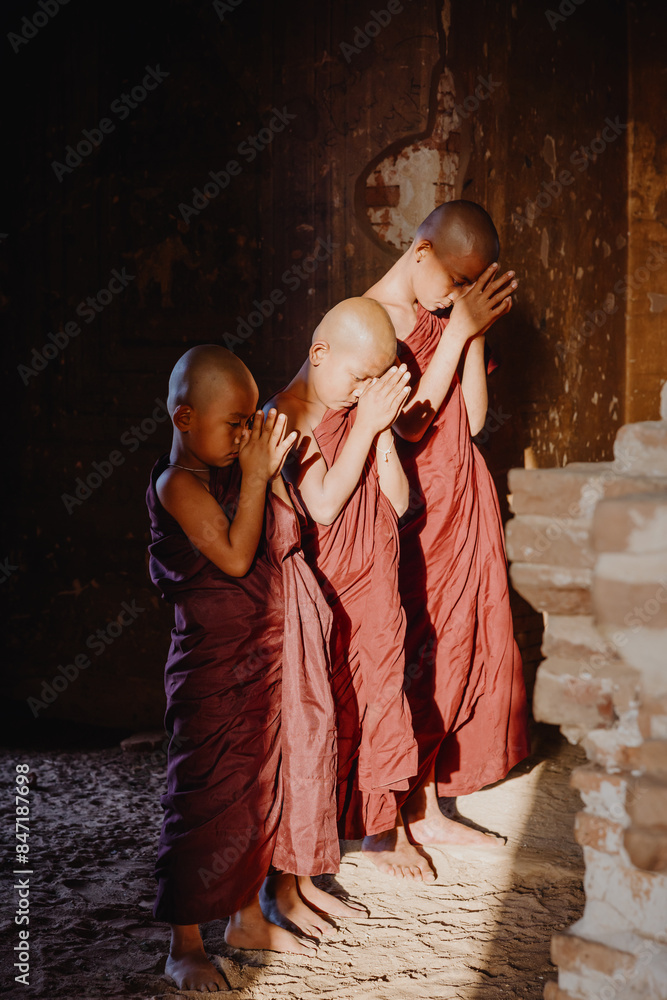Novice monks praying in temple Stock Photo | Adobe Stock