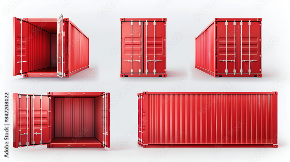 A set of blue shipping containers seen from different angles. Closed ...