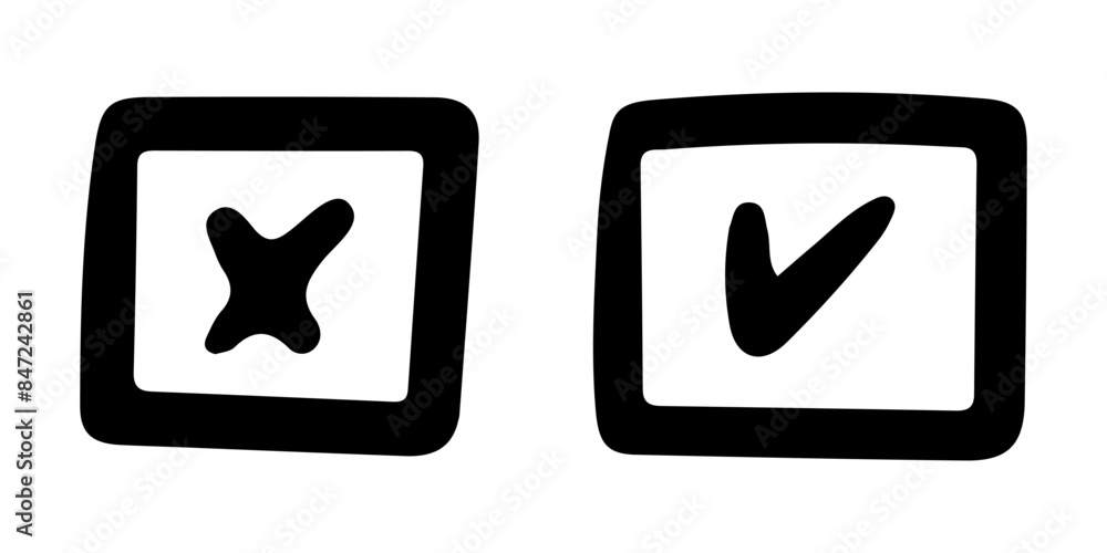 Check and cross mark. Hand drawn doodle sketch sign. Checkbox for vote ...