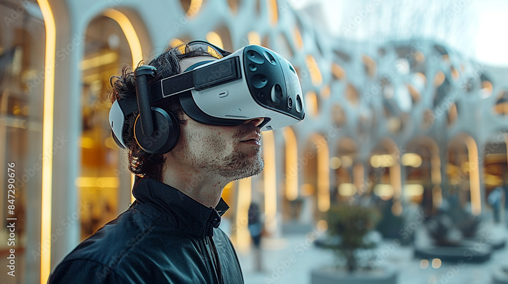 virtual reality, an architect wearing a VR handset devise and checking ...