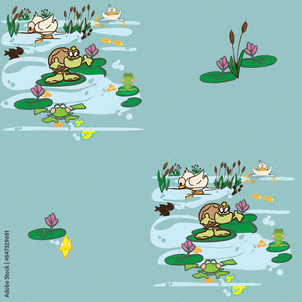 Repeat Seamless Pattern of a Pond Scene. Cartoon Turtles, fish, Frogs ...
