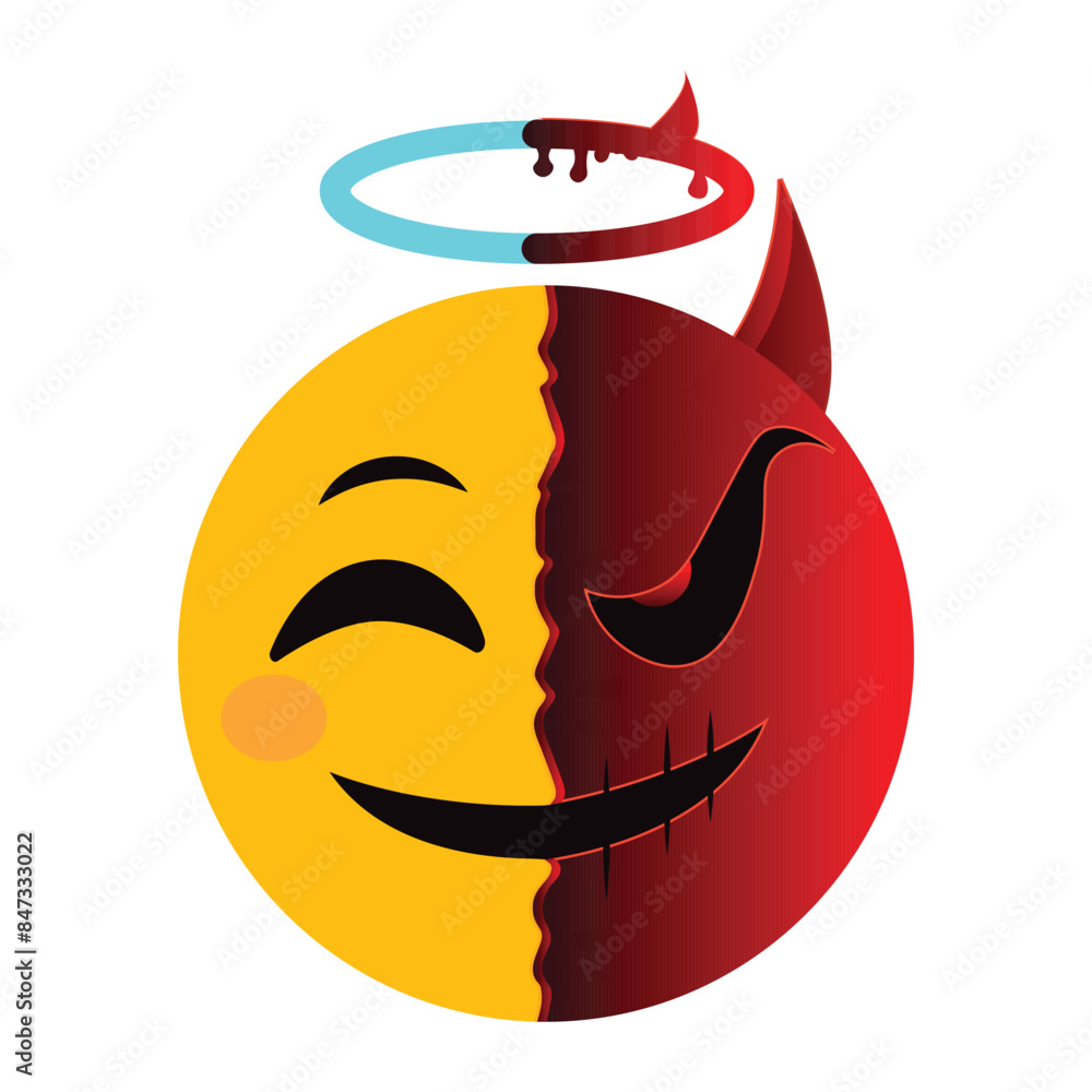 Duality emoticon angel and devil split face emoji. Kawaii cute vector ...