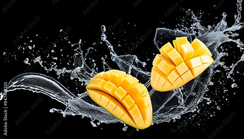Mango in splashes. Falling of Mango with water splash on isolate ...