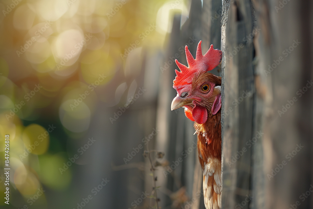 Chicken peeking out from behind a rustic wooden fence, with a bright ...