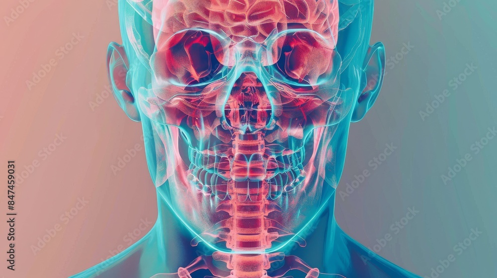 medical illustration of human skull and spine showing skeletal ...