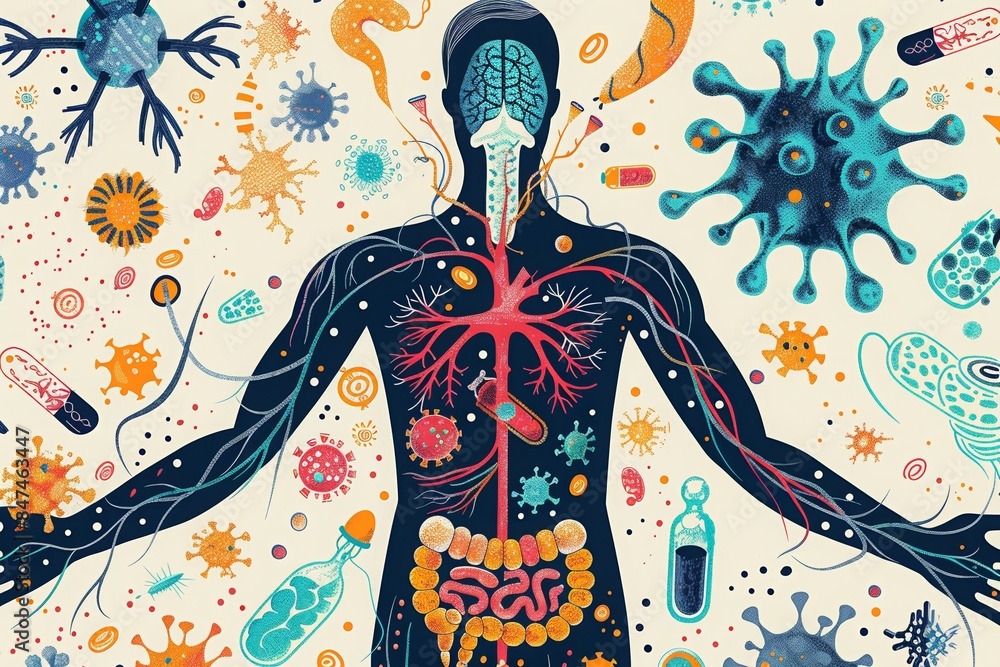Human body's microbiome and nervous system illustration. Diversity of ...