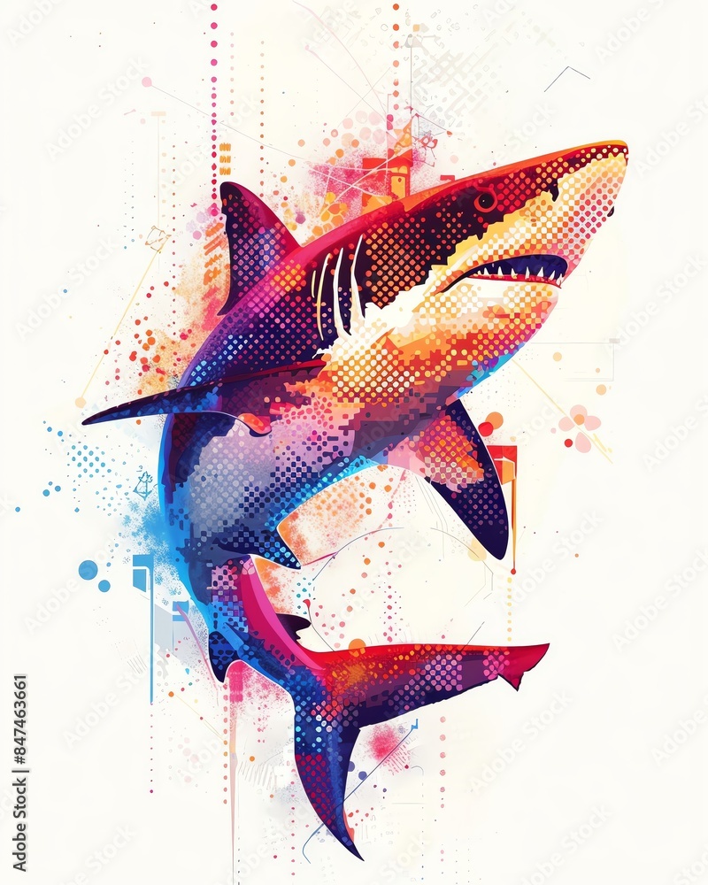 Vivid abstract art of two sharks with bright colors and geometric ...