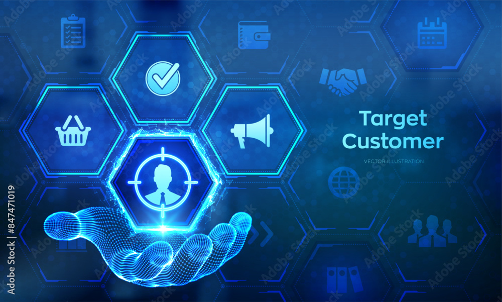 Target customer icon in wireframe hand. Buyer persona, customer ...