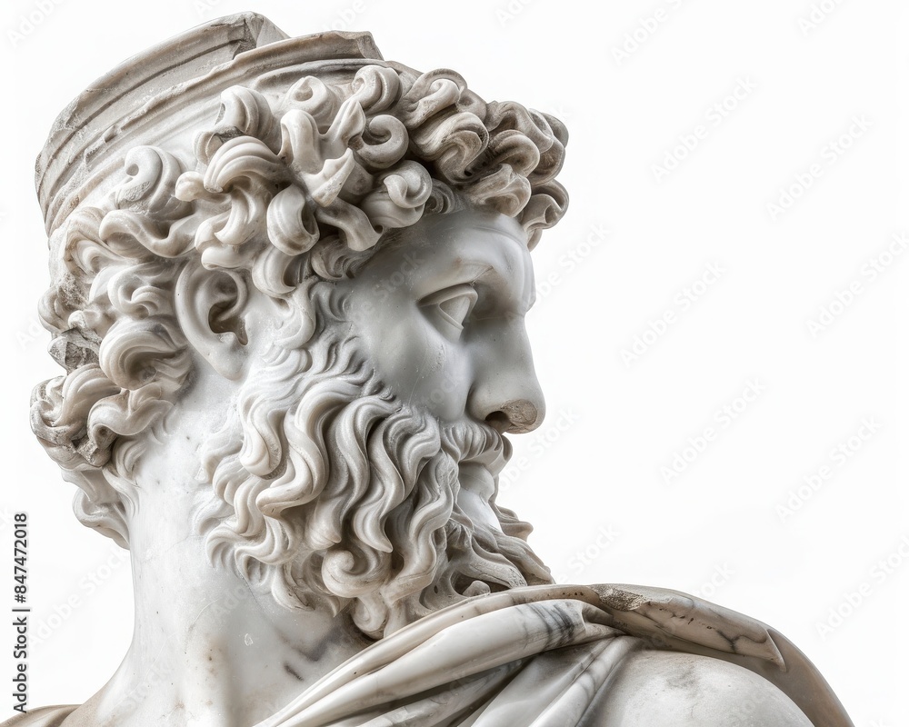 Close-up of a classical marble statue head depicting an ancient warrior ...