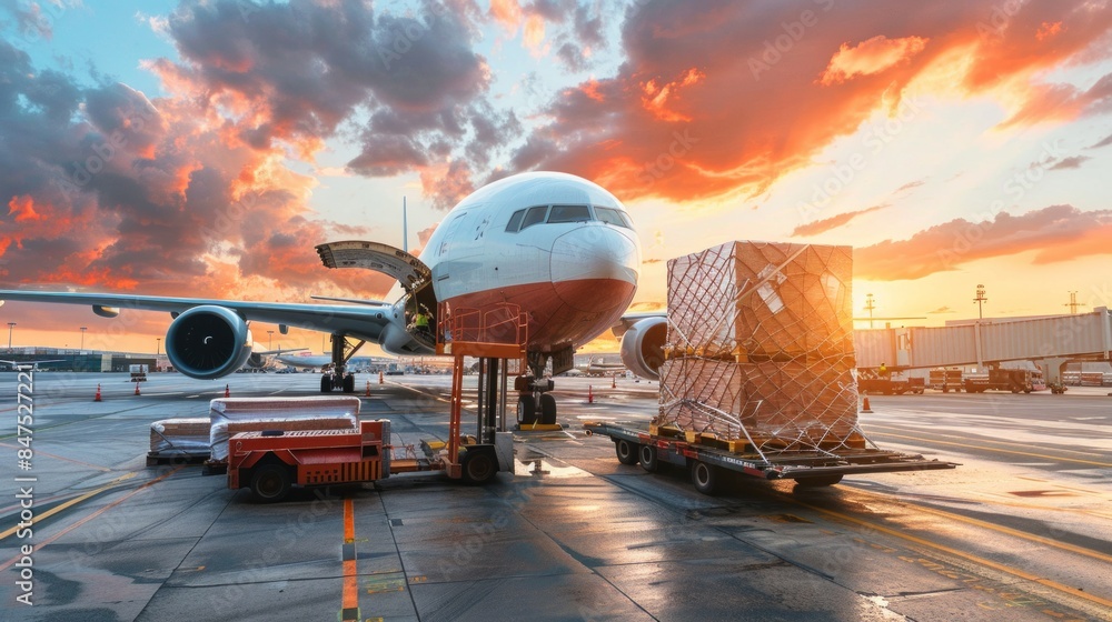 Air cargo logistic containers are loading to an airplane. Air transport ...