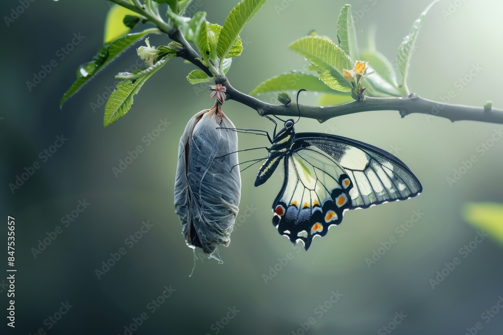 Transformation, A butterfly emerging from a cocoon with a contrasting ...