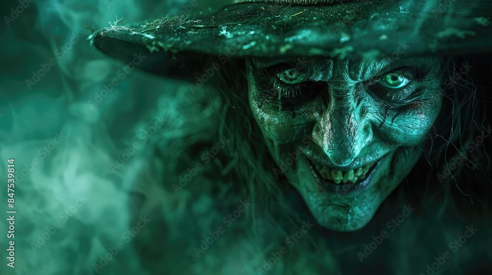 Terrifying Witch with Piercing Eyes and Sinister Grin in Dark Foggy ...