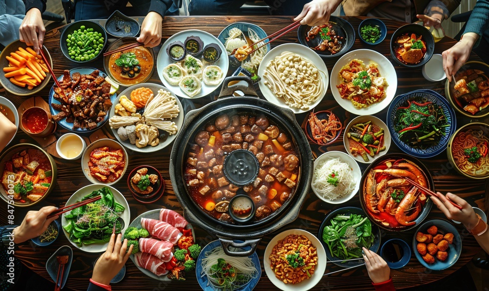 Colorful and abundant food feast at a big round table, featuring a hot ...