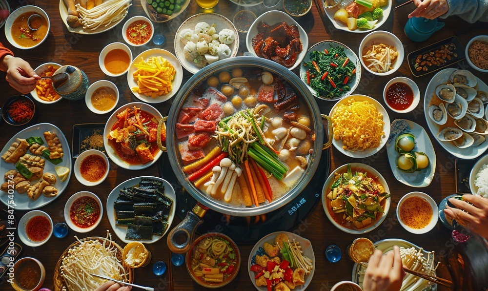 Colorful and abundant food feast at a big round table, featuring a hot ...