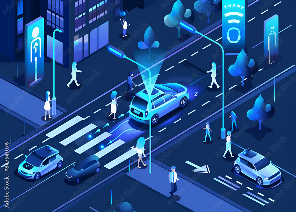 Ilustrace Autonomous smart bus and car rides through the night city ...